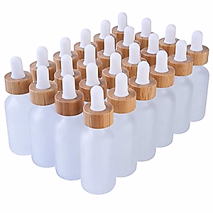 Focus Nutrition 24 Pack Clear Frosted Boston Round Essential Oils Aromatherapy Glass Bottles Jar With White Bamboo eye dropper cap, 1oz