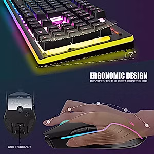 RedThunder K10 Wireless Gaming Keyboard and Mouse Combo, LED Backlit Rechargeable 3800mAh Battery, Mechanical Feel Anti-ghosting Keyboard + 7D 3200DPI Mice for PC Gamer (Black)