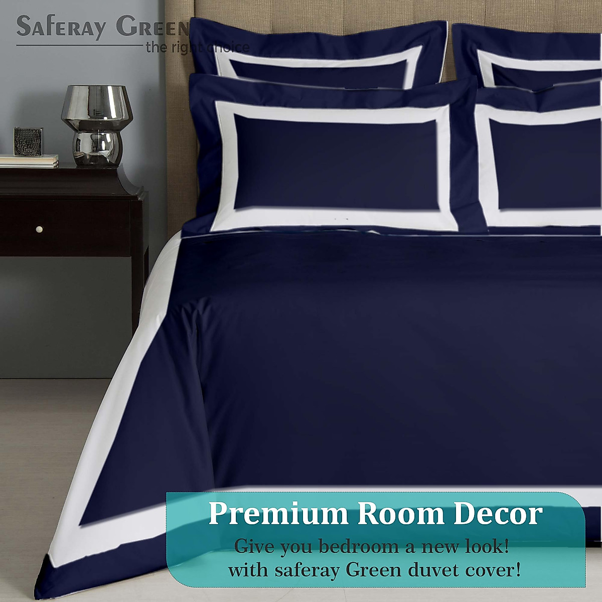 Saferay Green Hotel Luxury 3pc Two Tone Duvet Cover Set-850 Thread Count 100% Organic Cotton Premium Bedding Collection Queen Size 90 x 90 Inches Machine Washable (White & Navy Blue)