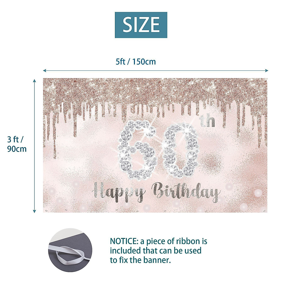 Joyiou Happy 60th Birthday Decorations for Her, Rose Gold 60th Birthday Gifts Party Supplies for Women Her, 60th Backdrop & Sash & Tiara Set, 60 Years Old Birthday Photo Booth Props (5 * 3 ft)