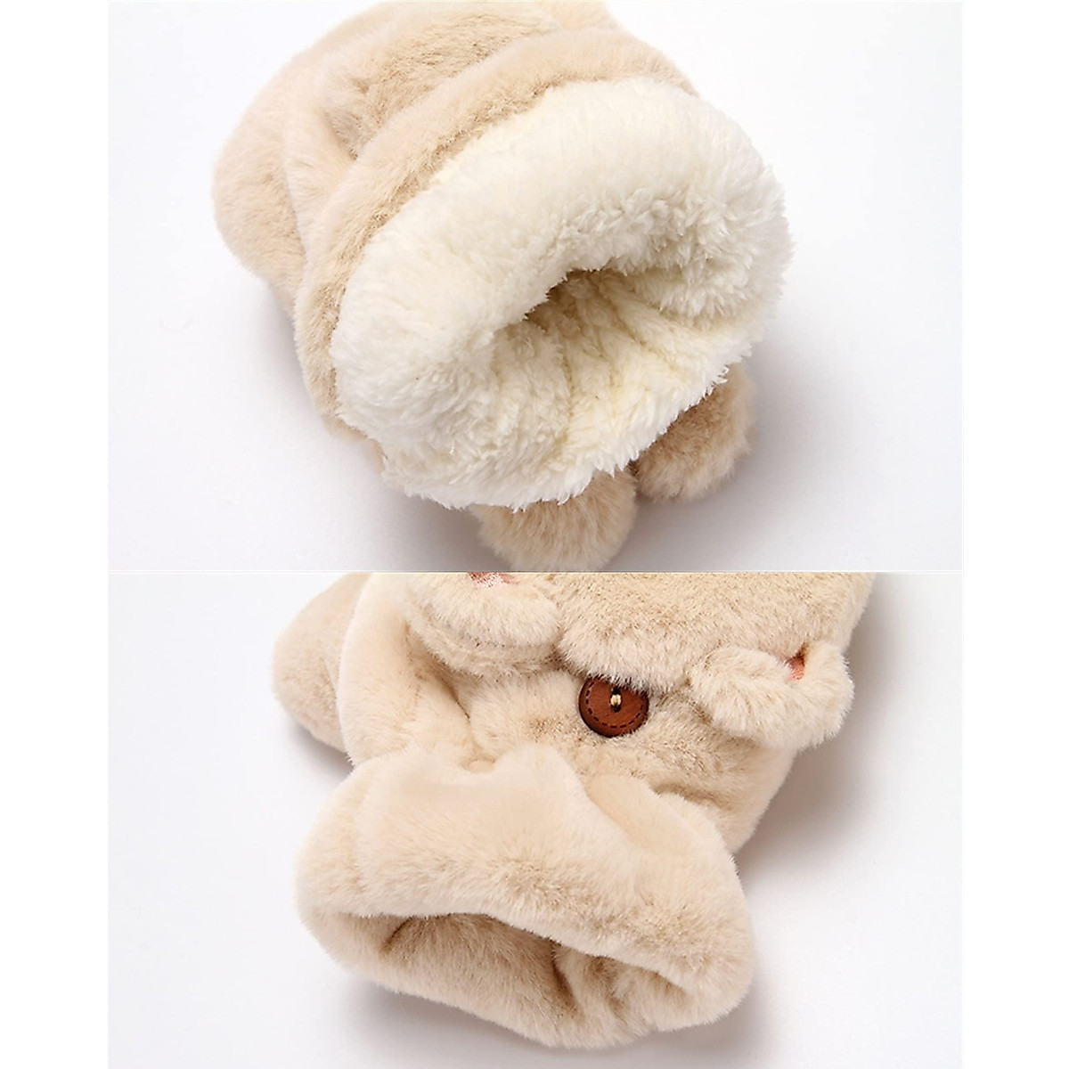 Woman Winter Warm Gloves Girls Cute Bear Rabbit Ears Convertible Flip Top Fingerless Thick Mittens for Teen Student (Color : Bear Khaki, Gloves Size : One Size)