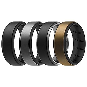ROQ Silicone Rubber Wedding Ring for Men, Comfort Fit, Men's Wedding Band, Breathable Rubber Engagement Ring/Band, Step Edge, 8mm Wide 2mm Thick, 4 Pack, Black, Silver, Bronze, Size 11