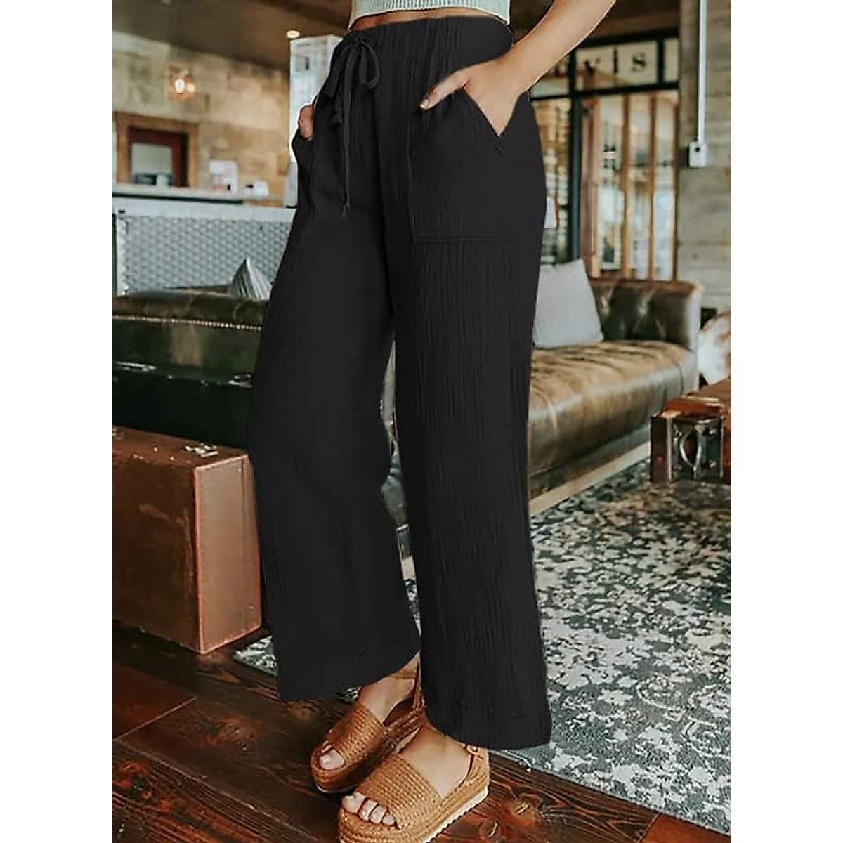 Dokotoo Women's Ladies 2024 Summer Beach Casual Linen Elastic High Waisted Drawstring Comfy Elegant Wide Leg Loose Flowy Long Palazzo Pants for Women Trousers with Pockets Black XL