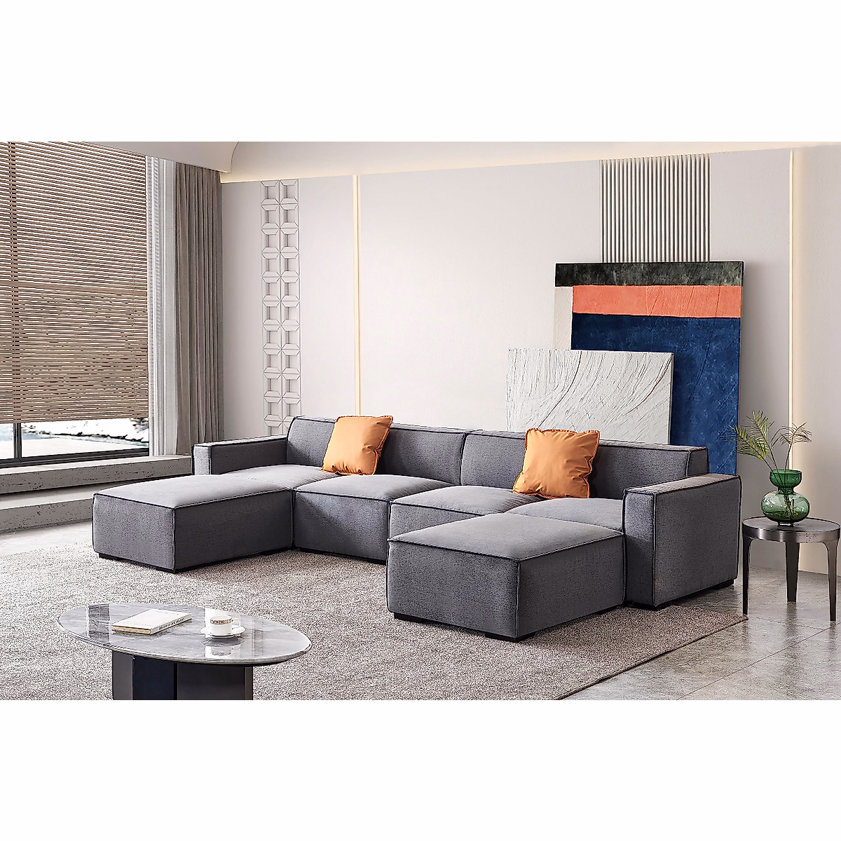 Moxoq Luxury Modern Modular U-Shaped Sectional Sofa Set, Minimalist Linen Fabric Upholstered Comfy Couch with Convertible Chaise, Large Cloud Couch for Living Room (Dark Grey, U-Shaped)