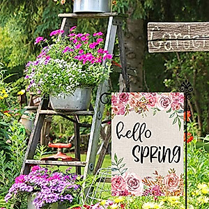 Hello Spring Garden Flag Peony Flowers Burlap Floral in The Air Flags Vertical Double Sided Farm Yard Outdoor Decoration Seasonal Home Décor 12.5 x 18 Inch