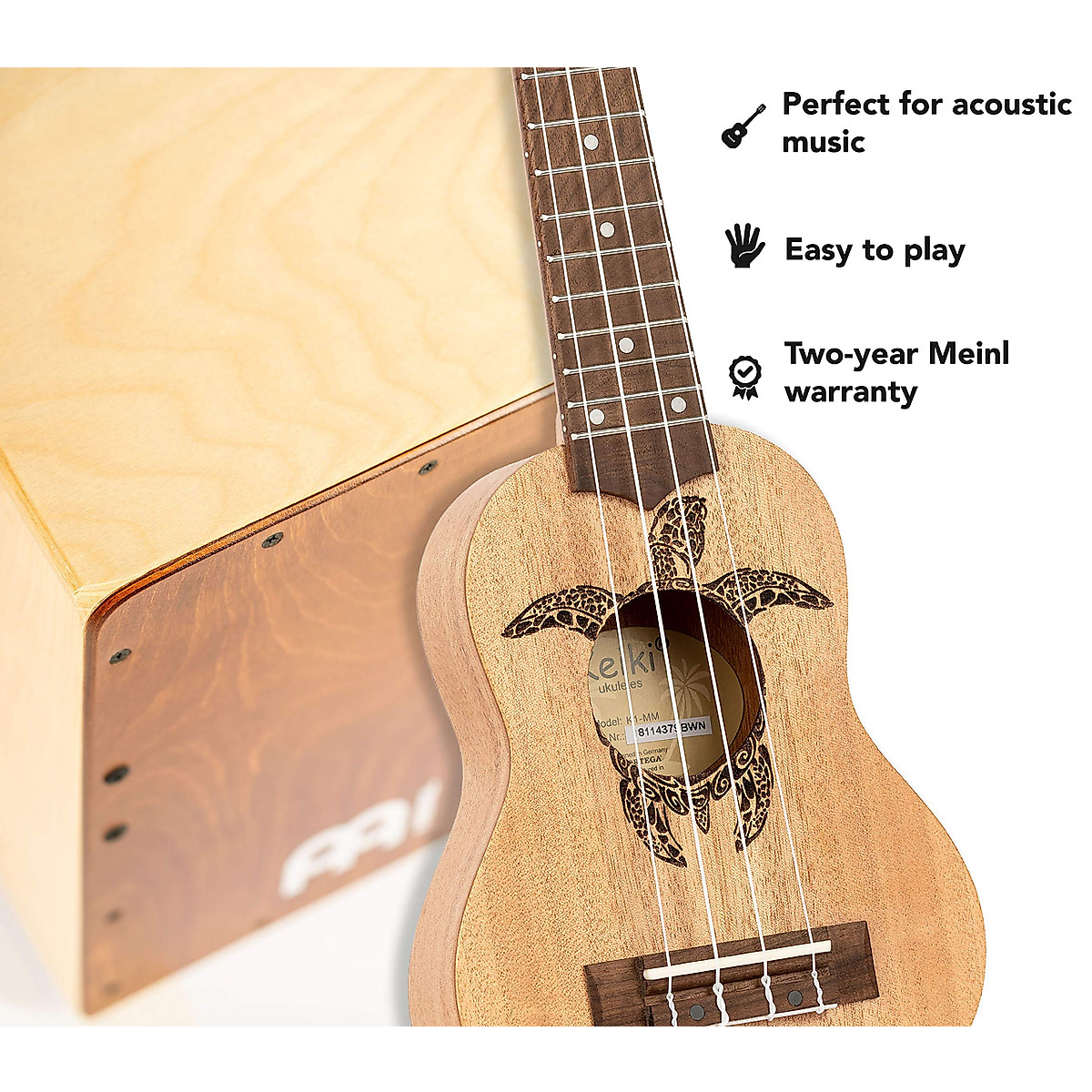 Meinl Percussion Snare Cajon Box Drum with Ukulele Jam Bundle — Keiki Sopranino by Ortega Guitars — Two Year Warranty, JC50K1