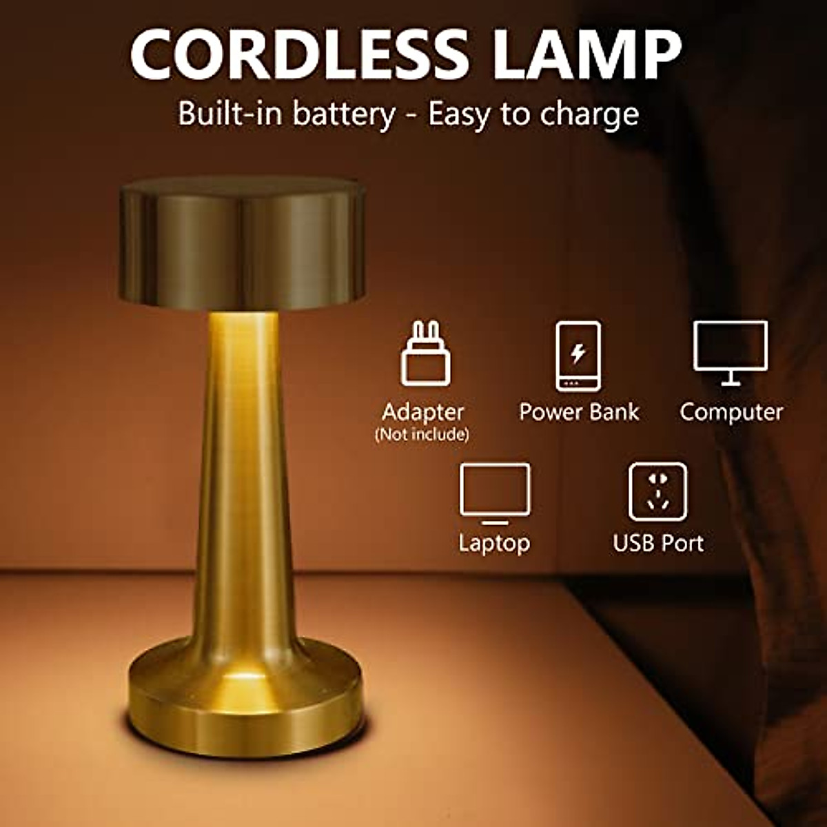 Nusogon Cordless Table Lamp, Rechargeable Battery Operated Lamp, 3 Way Modes & Stepless Dimmable LED Touch Lamp, Portable LED Metal Desk Lamps for Bedroom Living Room Restaurant Outdoor(Gold-2pack)