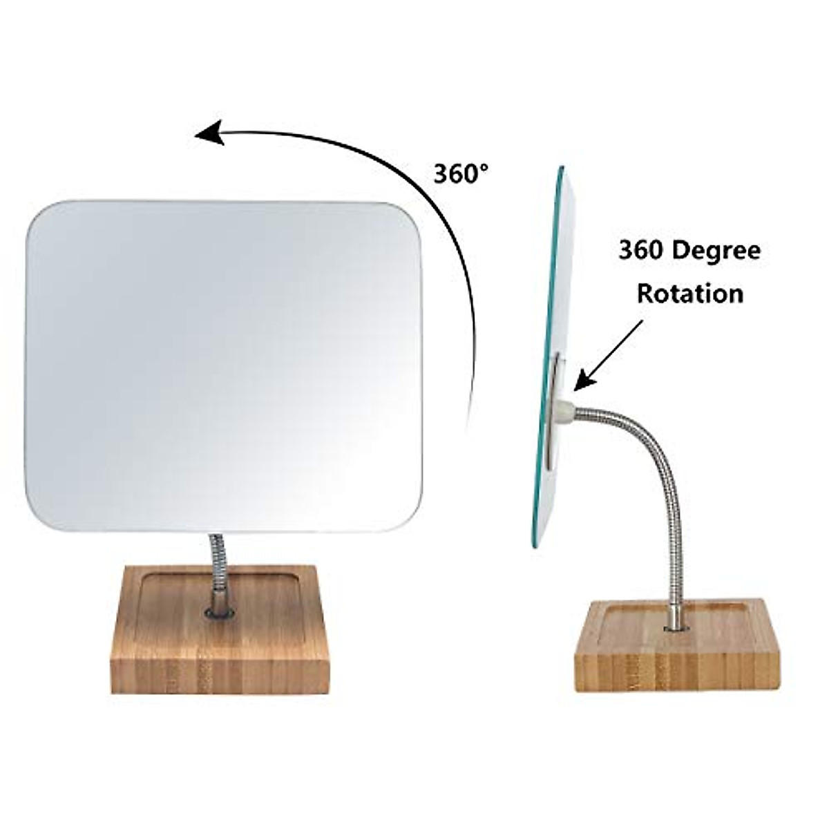 YEAKE Flexible Gooseneck Bamboo Vanity Makeup Mirror,360°Rotation 8" Large Frameless Vanity Mirror Folding Portable Table Desk Mirror with Stand Bathroom Shaving Make Up Mirrors Rectangle