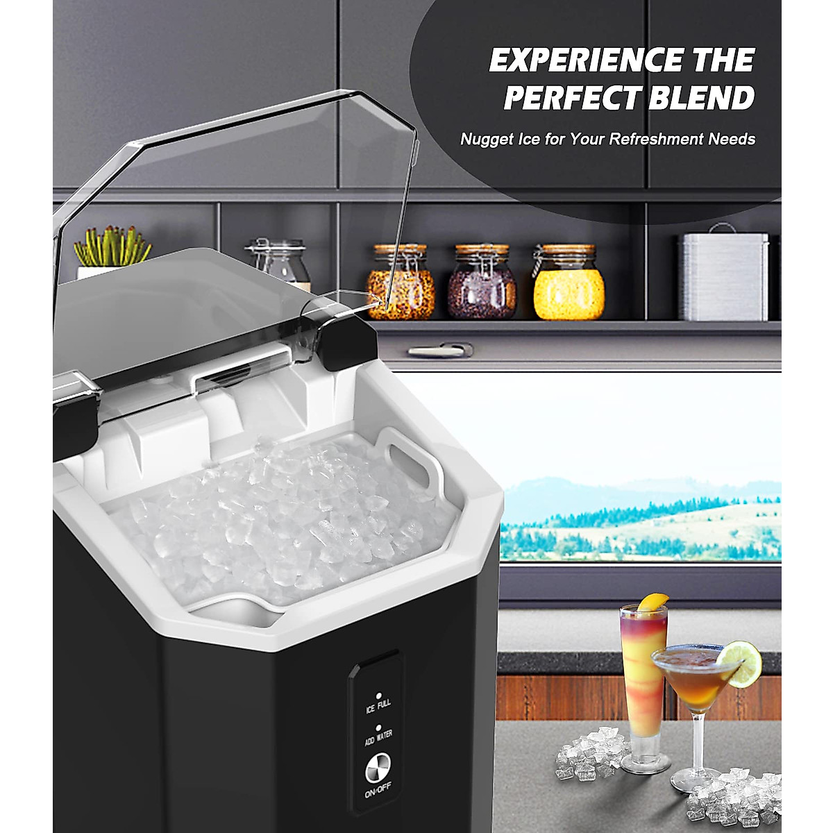 FOOING Nugget Ice Maker Countertop, Crushed Chewable Maker, Self Cleaning Makers with One-Click Operation, 34Lbs/24H, Pebble Portable Machine Scoop for Home Bar Camping RV