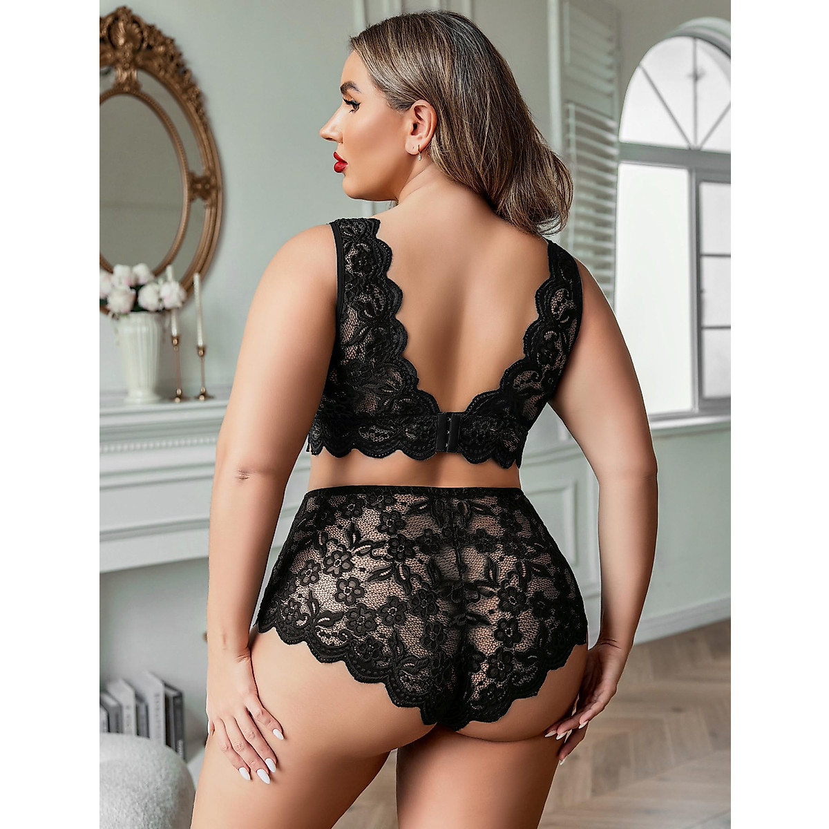 Avidlove Women Plus Size Lingerie Set Sexy Lace Bra High Waist Panty Set A-black