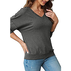 FMEYOA Womens V-Neck Sweatshirts without Hood Long Sleeve Lightweight Loose Fall Basic Shirts Tops(Dark Grey,Large)