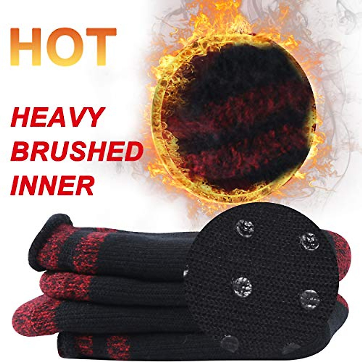 Three street Outdoor Sport Thermal Socks, Men Comfort Heavyweight Thermal Hiker Crew Insulated Heat Non Skid Socks, Winter Thick Warm Fuzzy Slipper Socks Warm Clothes for Working Black Red 1 Pair