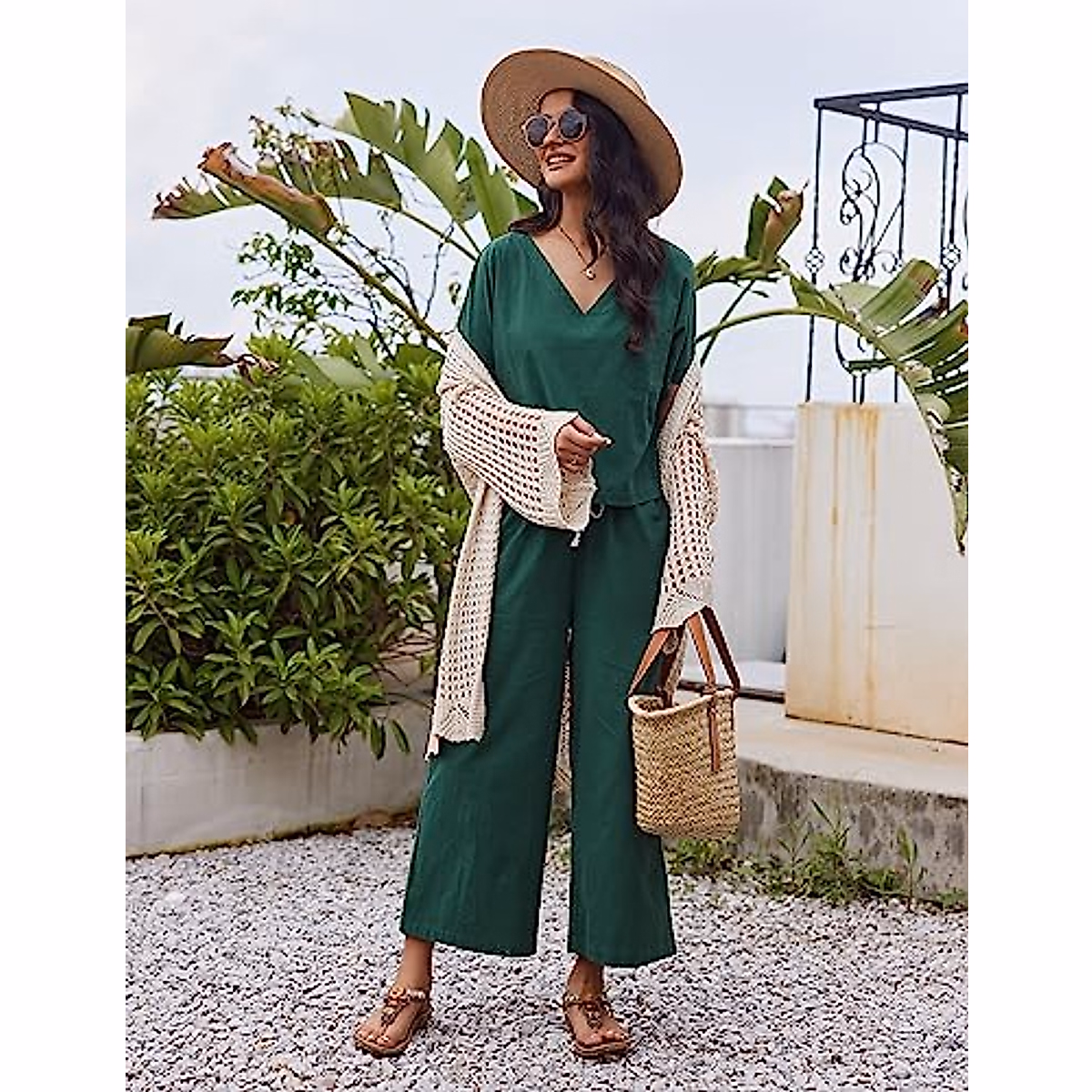 Ekouaer Women's 100% Cotton Linen Lounge Set Short Sleeve Top Wide Leg Pant Pajama Set Outfits,Viridian,X-Large