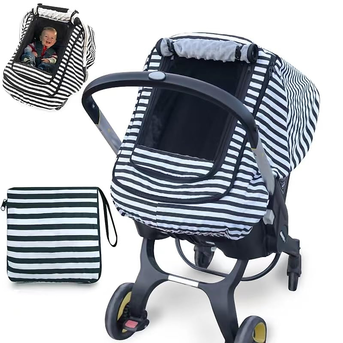 Car Seat Covers for Babies,Baby Car Seat Cover for Boys Girls,Windproof Infant Carseat Cover,Kick-Proof Car Seat Canopy with Breathable Mesh Peep Window(Black Stripe)