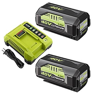 2Pack 6.0Ah Replacement for Ryobi 40V Battery and OP401 Charger Kit Compatible with Ryobi 40 Volt Lithium ion Battery OP4026 OP40261 OP4050 OP4040 OP40401 OP40201 OP40601 and Cordless Power Tools