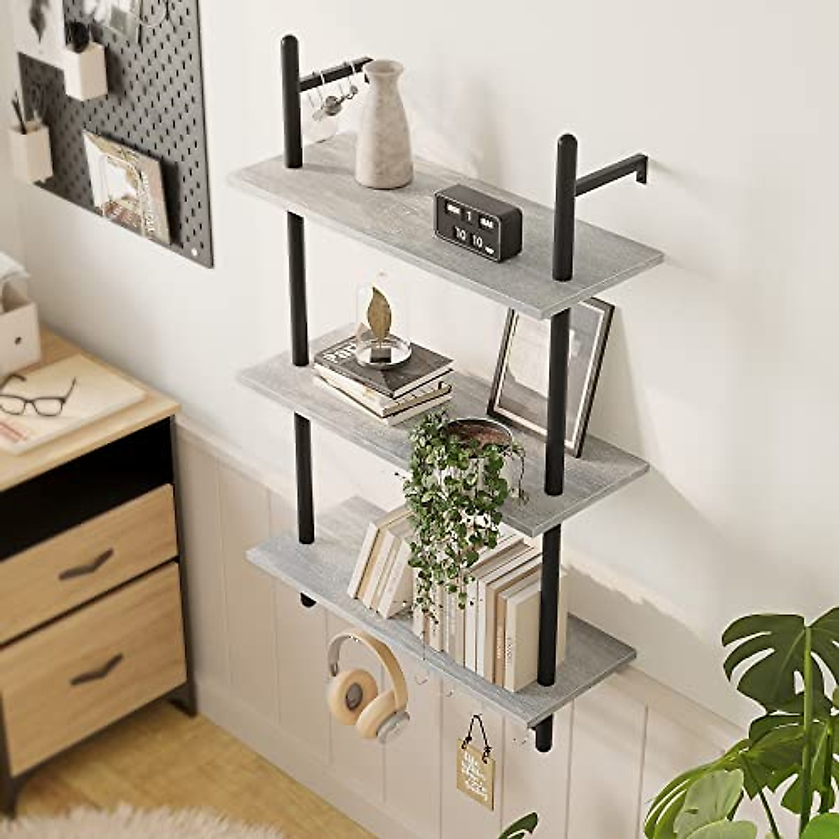 Bestier Floating Shelves, Storage Hanging Shelves for Wall Decor with Towel Bar and Hooks for Living Room Kitchen Coffee Bar, Grey