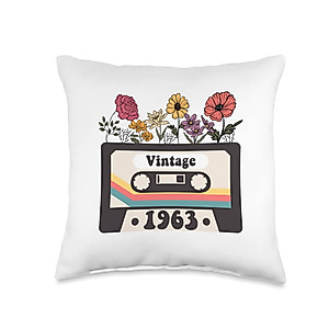 1963 60th Birthday Decorations Women Vintage 1963 for Women Turning 60 60th Birthday Wildflower Throw Pillow, 16x16, Multicolor