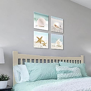 Coastal Seashell Picture Wall Art - Beach Themed Canvas Print Relaxing Seascape Artwork Contemporary Calming Seaside Starfish Conch Nature Photography Summer Blue Sea Ocean Scenery Painting for Bathroom Bedroom Office