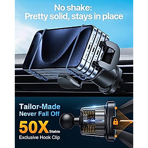 【Military-Grade】Car Phone Holder,【Strongest & Longest Steel-Hook】Car Vent Mount, Handsfree 360° Adjustable Automobile Cradle Air Clip Stand for iPhone 15 14 13 12 Pro Max Samsung Universal, Black