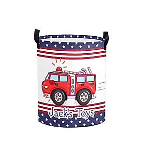 Grandkli Red Fire Truck Personalized Freestanding Laundry Hamper, Custom Waterproof Collapsible Drawstring Basket Storage Bins with Handle for Clothes, Toy, 50cm x 36cm