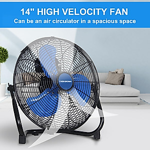 KEN BROWN 14 Inch High Velocity Floor Fan 3-Speed 360° Adjustable Tilting Powerful Airflow for Home,Residential Use, Blue