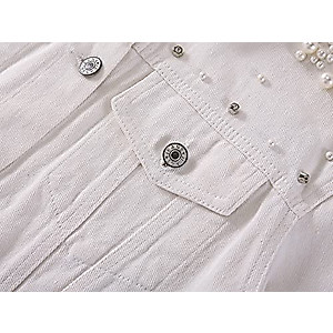 Kedera Women's Embroidered Rivet Pearl Short Denim Jacket Coat (White, Medium)