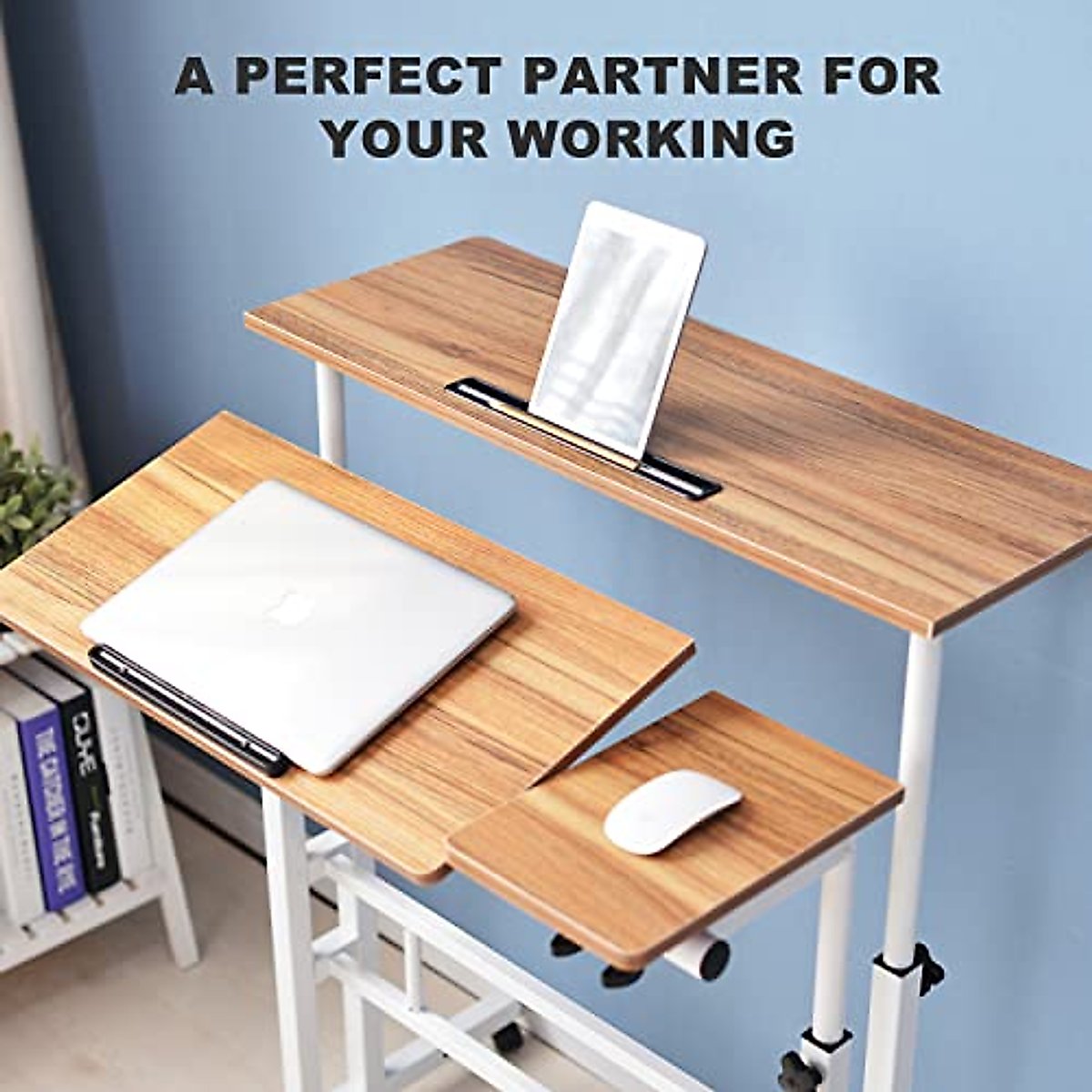 AIZ Adjustable Rolling Desk Cart on Wheels Home Office Computer Workstation, Portable Laptop Tall Table for Standing or Sitting, Oak