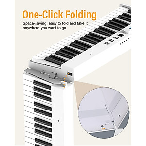 KONIX Folding Piano Keyboard, 88 Keys Full Size Semi-Weighted Foldable Piano, Portable Electronic Keyboard Piano with Light Up Keys, Sustain Pedal, Keyboard Stickers, Music Stand and Piano Bag, White