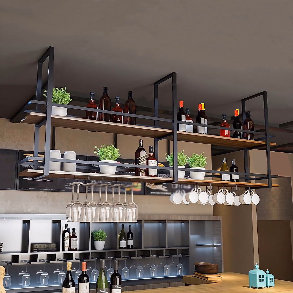 Ceiling Wine Glass Rack - 47.2in Hanging Wine Rack with Glass Holder and Shelf, 2 Layer Industrial Hanging Wine Bottle Holder, Black Metal Ceiling Shelf for Bar Cafe Kitchen (Black, 47.2×11.8×31.4in)