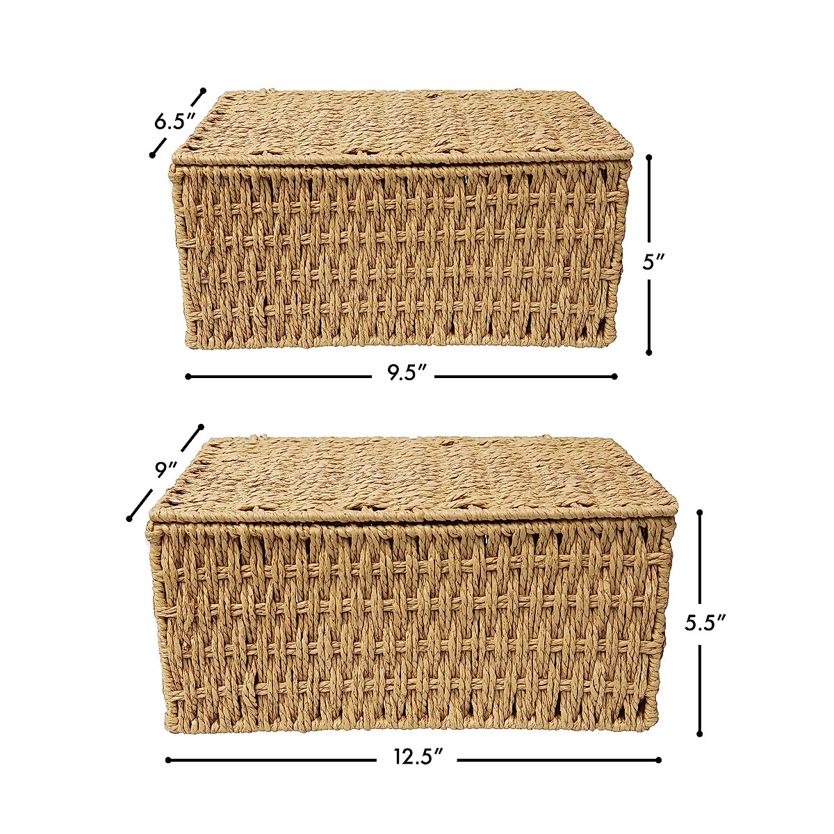 RoyalHouse Woven Stackable Storage Baskets with Lid, Decorative Rope Organizer Bin - Set of 2 (2 Sizes), Beige (No Liner)