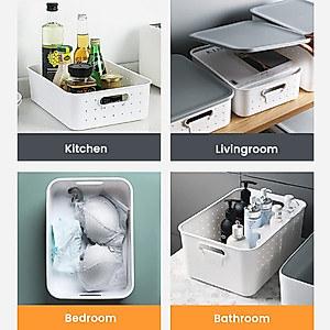 vacane Large Plastic Storage Baskets with Snap Lid, Extremely Durable, Storage Baskets for Organizing Stackable Storage Box with Handle for Closet Office, 14 x 10 x 8 inch, White