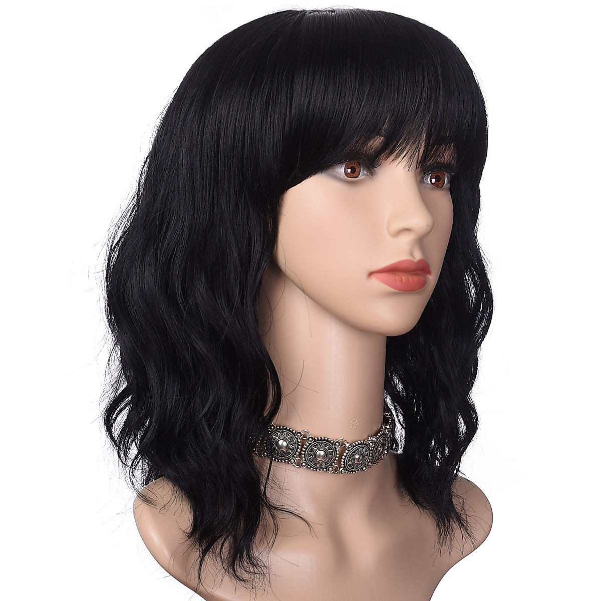 morvally Short Black Wavy Bob Wig with Bangs for Women 16 Inches Natural Synthetic Hair Wavy Wigs