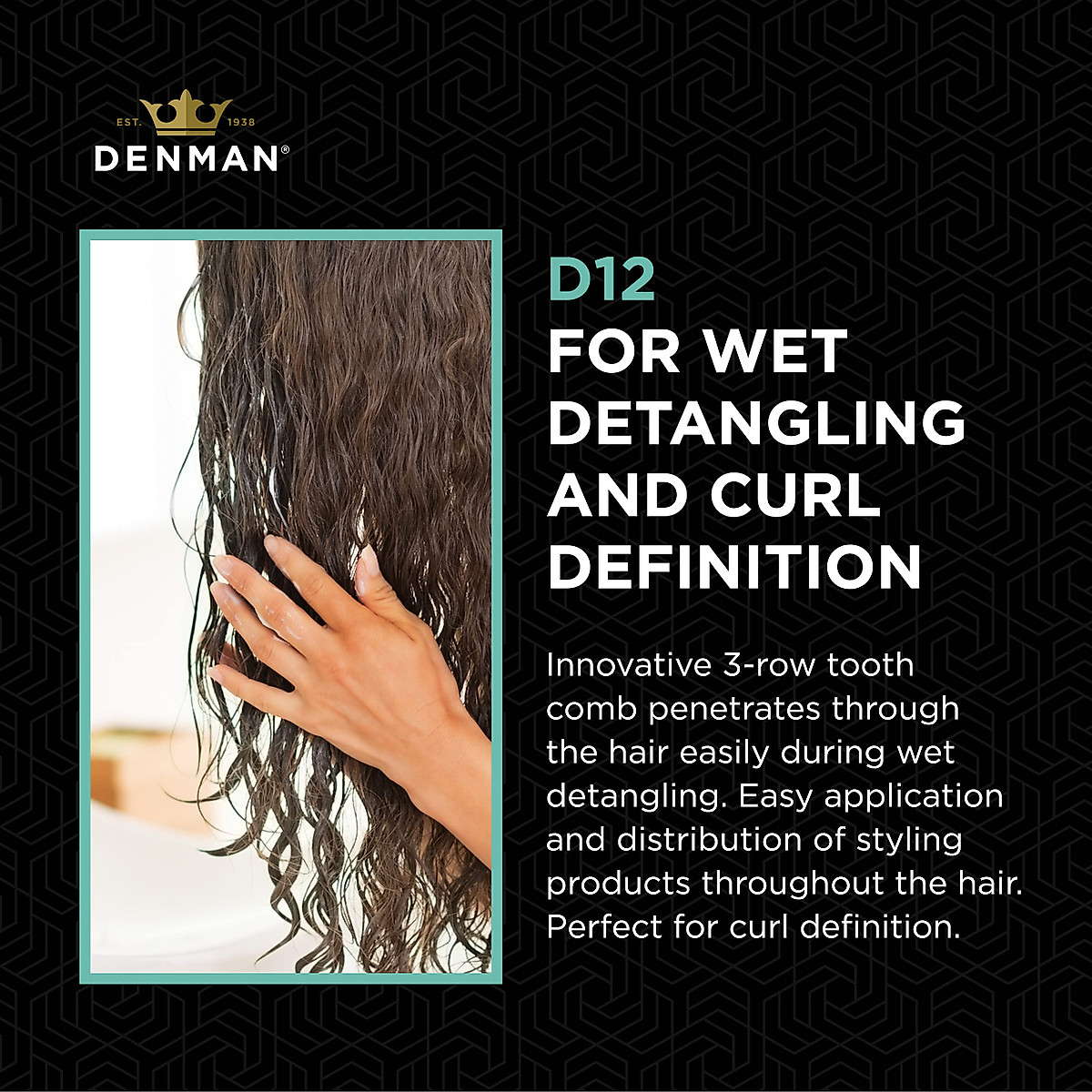 Jack Dean by Denman (Black) Curl Volumiser Comb for Separating, Styling, Defining, Enhancing & Boosting Curls (D12)