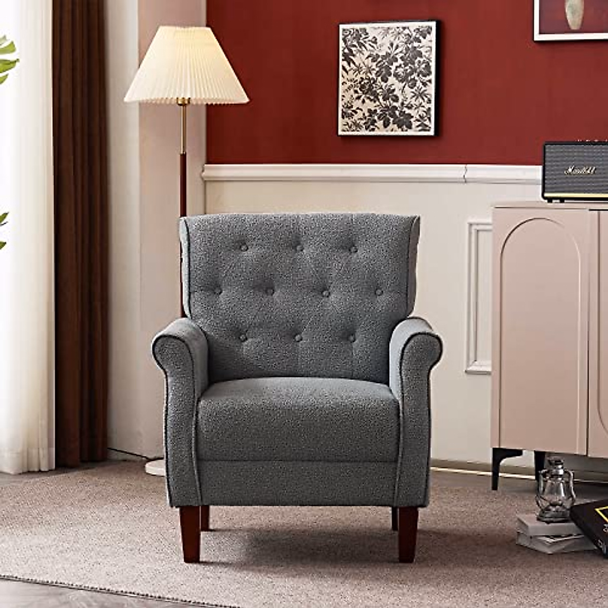 Sepnine Mid-Century Modern Accent Chair Comfy Upholstered Fabric Armchair with Wood Legs Reading Chair for Living Room Bedroom Clearance (Chenille-Gray)