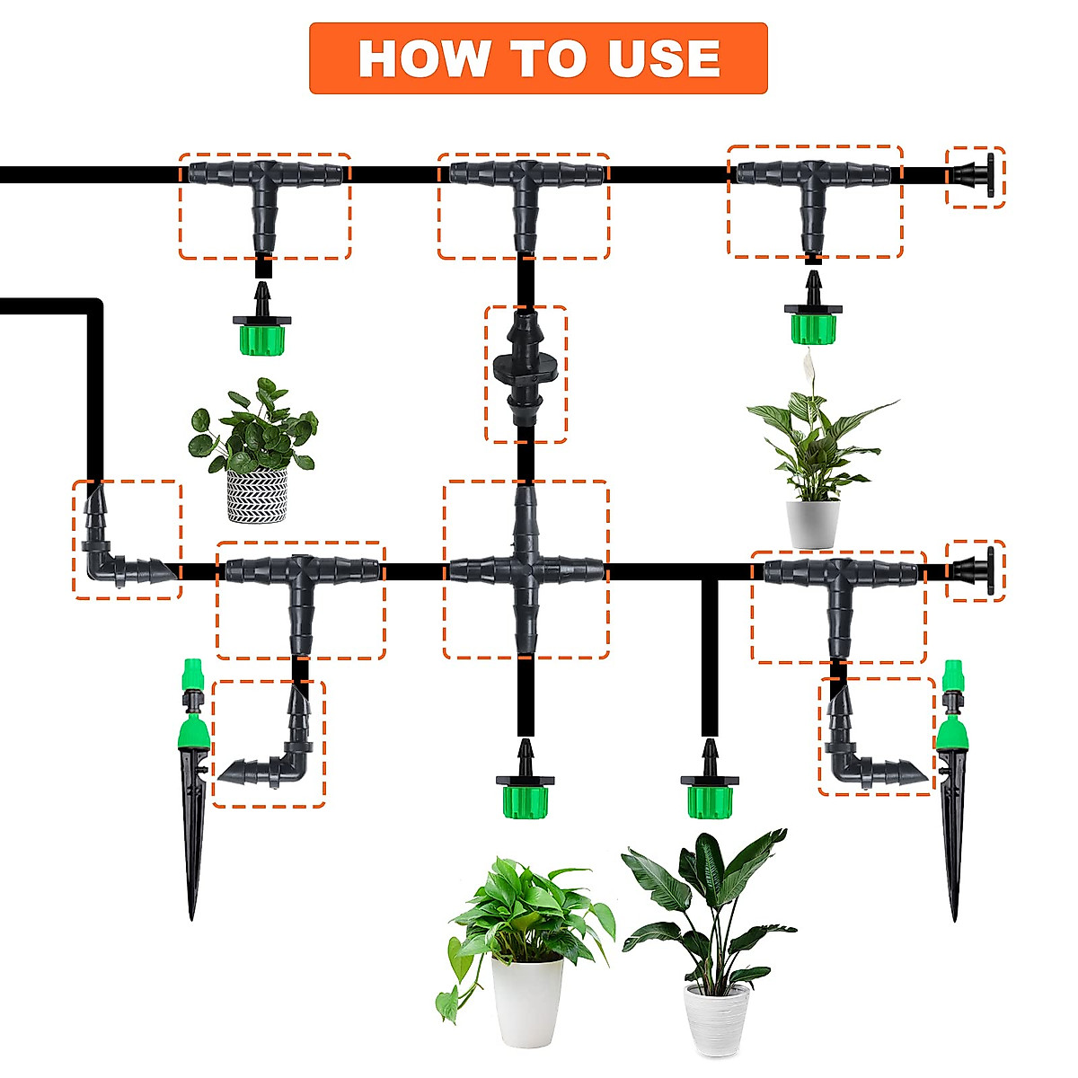 SanSanYa 400pcs Drip Irrigation Fittings Kit Drip Irrigation Barbed Connectors, 160 Straight Barbs 120 Tees 40 Elbows 40 End Plug 40 4-Way Coupling for 1/4 Inch Tubing Garden Dripping Systems