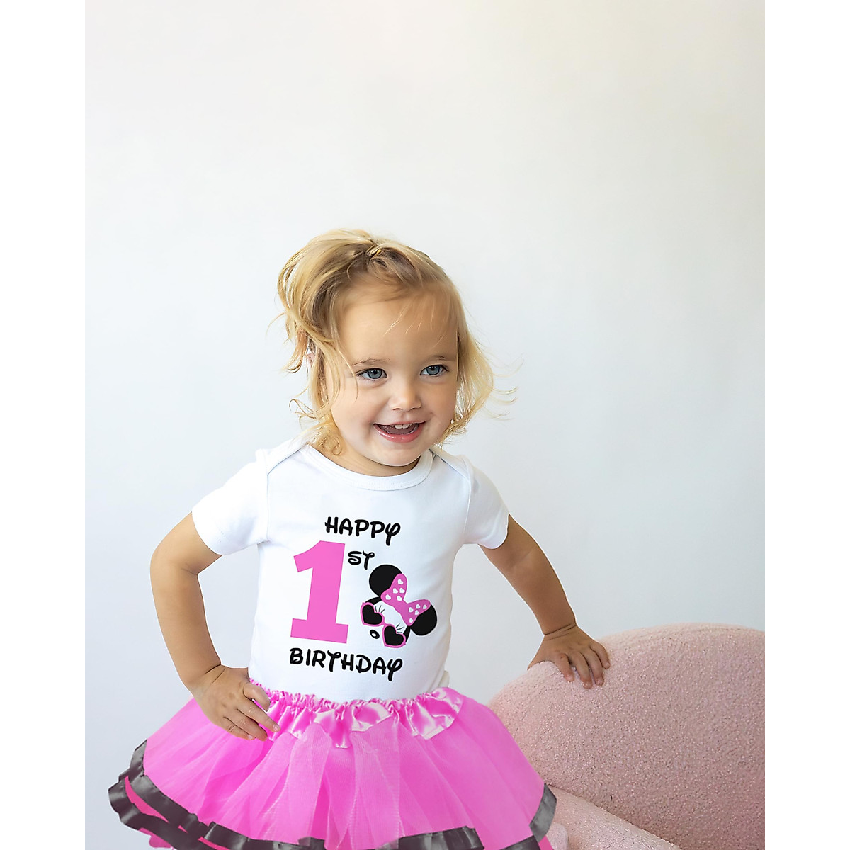 First Birthday Girl Outfit - Mouse Tutu Set (Pink and Black Tutu, 12M Short Sleeves)