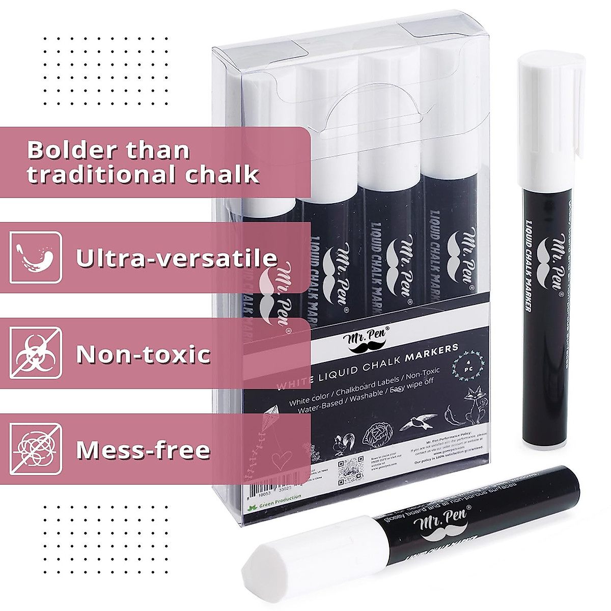 Mr. Pen- White Chalk Markers, 4 Pack, Dual Tip, 8 labels, White Liquid Chalk Marker, Chalk Markers, White Dry Erase Markers, Chalk Markers for Blackboard, Chalkboard pen, White Chalkboard Marker