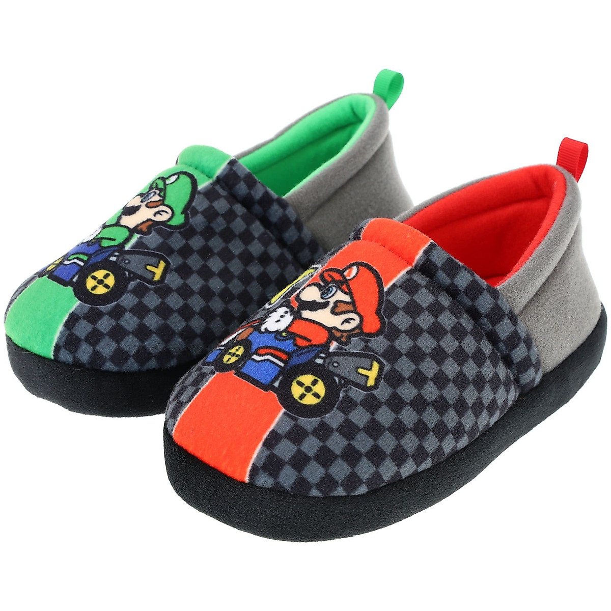 Super Mario Boys Slippers, Mario Kart Mismatched A-Line, Black, Size 10/11
