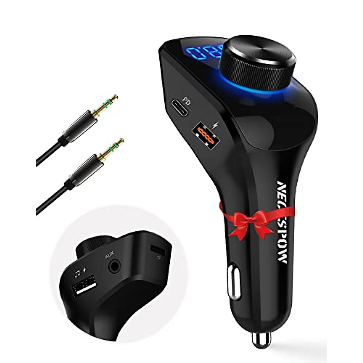 NECESPOW Bluetooth FM Transmitter for Car, Bluetooth 5.0 Car Adapter w/AUX Cable, MP3 Player Wireless Radio Receiver Car Kit Support 48W(USB-C PD+QC3.0)/AUX/TF Card/U-Disk