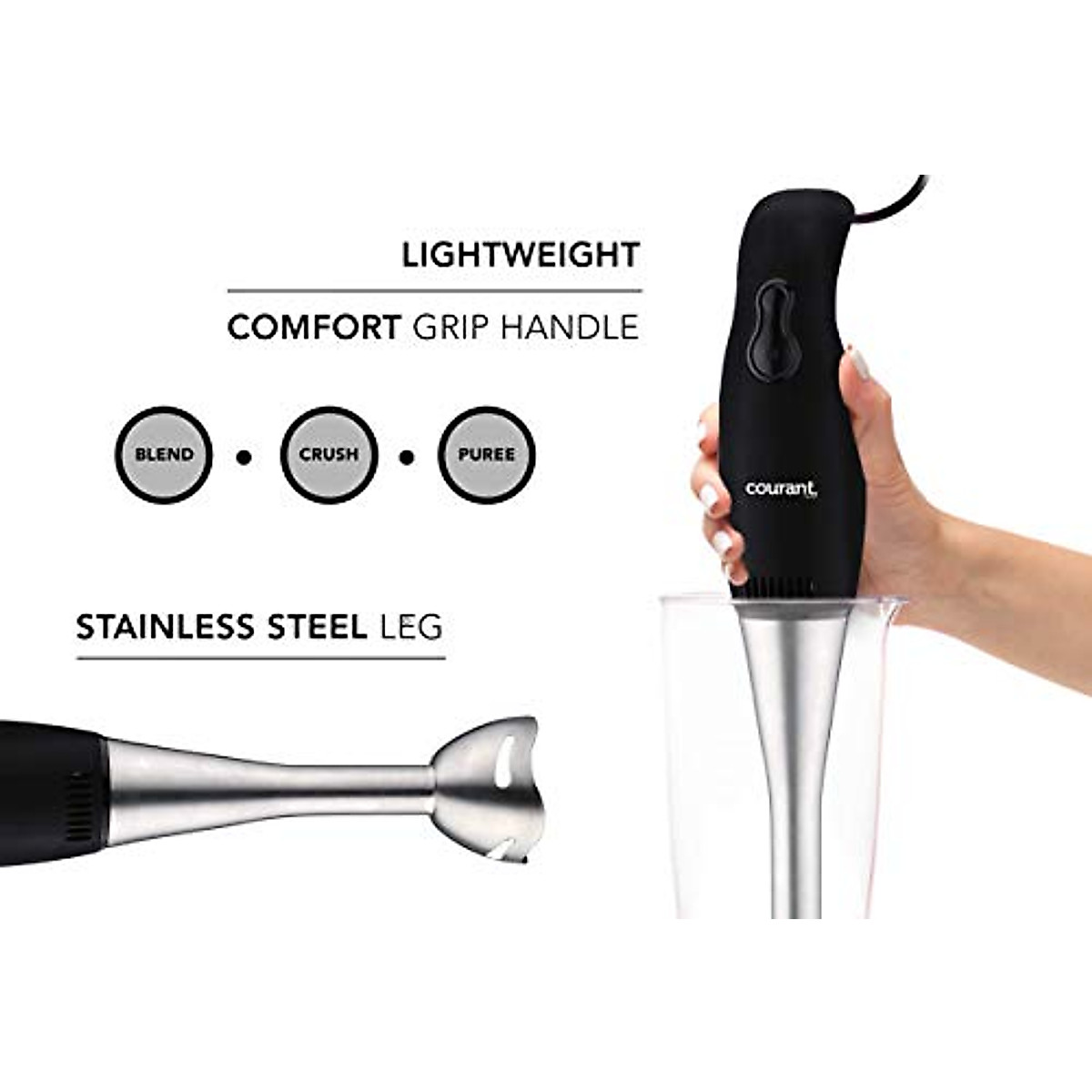 Courant Immersion Hand Blender with 200 Watt Easy to Clean Stick Blender Blends, Purees, Crushes Ice