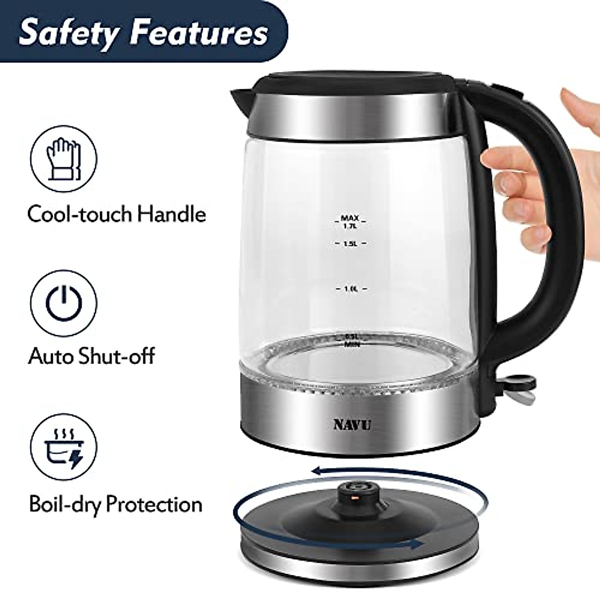 NAVU Electric Kettle 1500W, Wide Opening, 1.7 Liter Glass Tea Kettle and Hot Water Boiler, Cordless, LED Indicator, Auto Shut-Off & Boil-Dry Protection, BPA-Free Matte Black