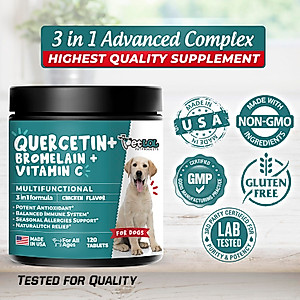 PET LOL Quercetin for Dogs with Bromelain and Vitamin C | 3-in-1 Supplement for Dog Allergies, Immune Support, Itch Relief, Promote Inflammatory Relief & Antioxidant Activity | 120 Chewable Tablets