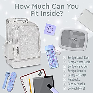 Bentgo® Kids 5-Compartment Lunch Box With Kids 2-in-1 Backpack & Insulated Lunch Bag (Glitter Edition - Silver)