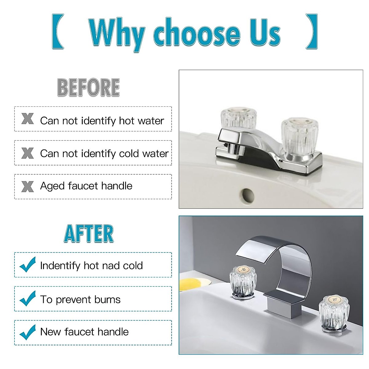 Replacement Hot and Cold Crystal Acrylic Faucet Knobs for Prime-Line MP54300 Universal Index Buttons, 1-5/16 in. Diameter, Clear Acrylic with Gold (4 Pack)