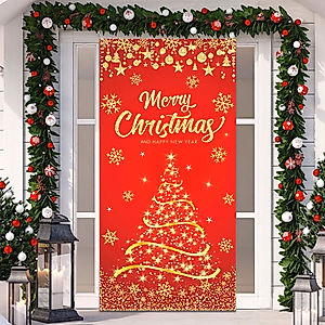 Christmas Door Cover Golden Christmas Tree Door Cover Banner Merry Christmas Glitter Snowflake Door Cover Photography Background for Winter Xmas New Year Holiday Party Decor