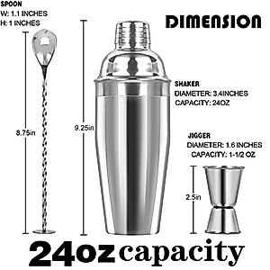 Large 24oz Cocktail Shaker Set, Stainless Steel 18/8 Martini Mixer Shaker with Built-in Strainer, Measuring Jigger & Mixing Spoon, Professional Martini Shaker Set, Perfect for Bartender and Home Use