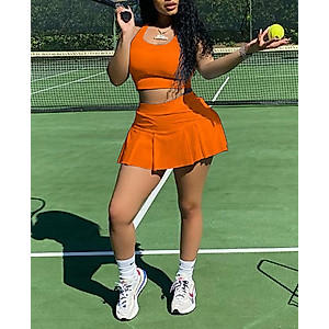 Sexy Sports 2 Piece Outfits - Slim Tank Crop Top High Waist Tennis Golf Pleated Skirt Bodycon Athletic Suit Orange M