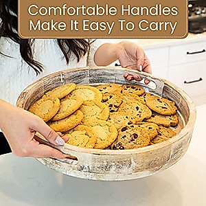 Walbrook Round Serving Tray with Handles - 16" Coffee Table Tray, Decorative Tray, Large Ottoman Tray, Wooden Tray, Rustic Round Tray, Wood Tray, Farmhouse Tray, White Tray, Round Wood Tray