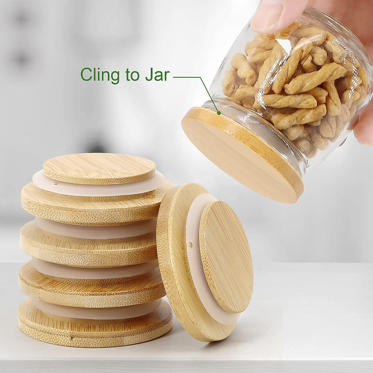 4 Pack Oui Yogurt Jar Lids, iNUREYE Bamboo Wood Lids Fit Oui Jar Lids with Silicone Sealing Rings, Oui Yogurt Bottle Label and Chalk Marker, Ball Wooden Lids For 5 Oz Oui Yogurt Jars