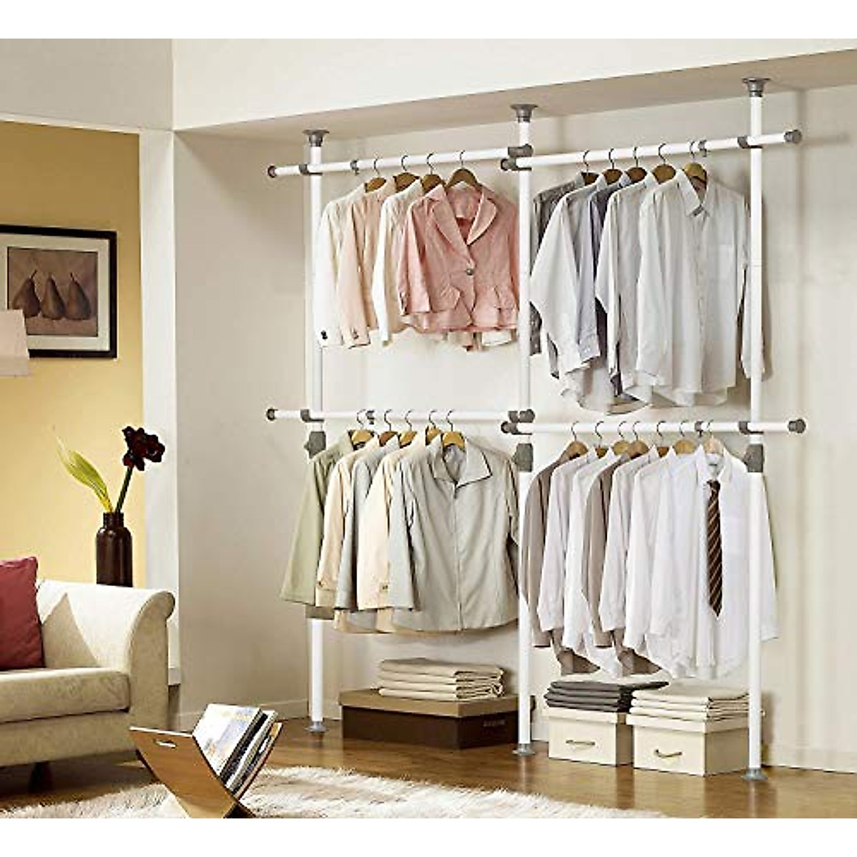 Estink Garment Rack, Portable Indoor Garment Hanger Tools Heavy-Duty Adjustable DIY Coat Hanger Clothes Wardrobe 3 Poles 4 Bars Home Hanging Rack